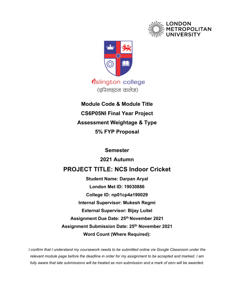 NCS Indoor Cricket Final Year Project Proposal - CS6P05NI