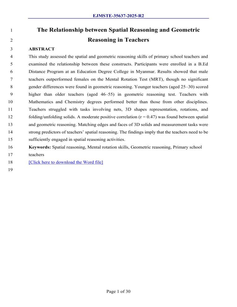 Spatial & Geometric Reasoning in Primary Teachers