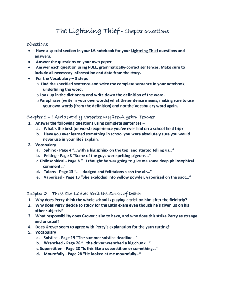 The Lightning Thief Chapter Questions & Vocabulary Study Guide