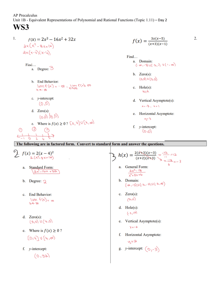 Precalculus: Polynomial & Rational Functions Worksheet