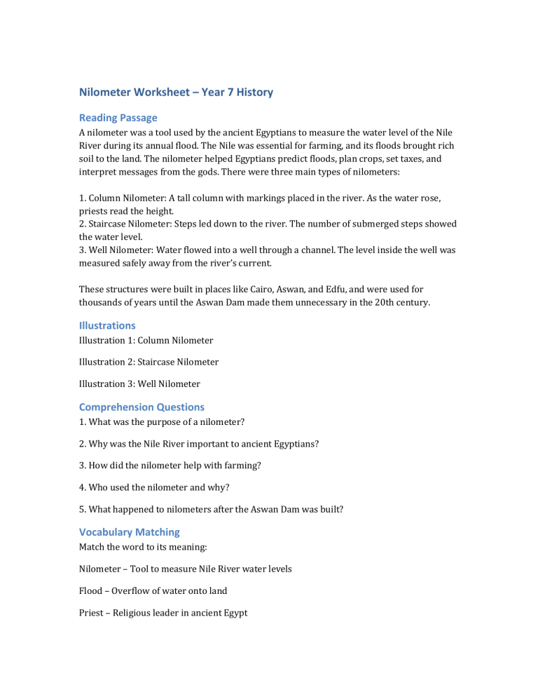 Nilometer Worksheet: Ancient Egypt History for Year 7