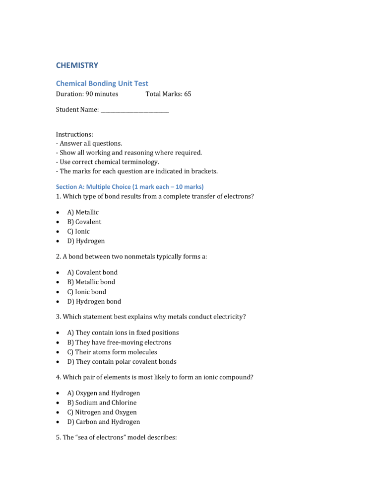 Chemical Bonding Unit Test: Chemistry Exam for High School Students