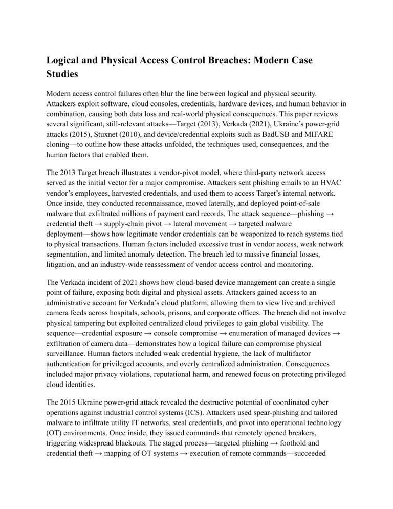 Logical & Physical Access Control Breaches: Modern Cybersecurity Cases
