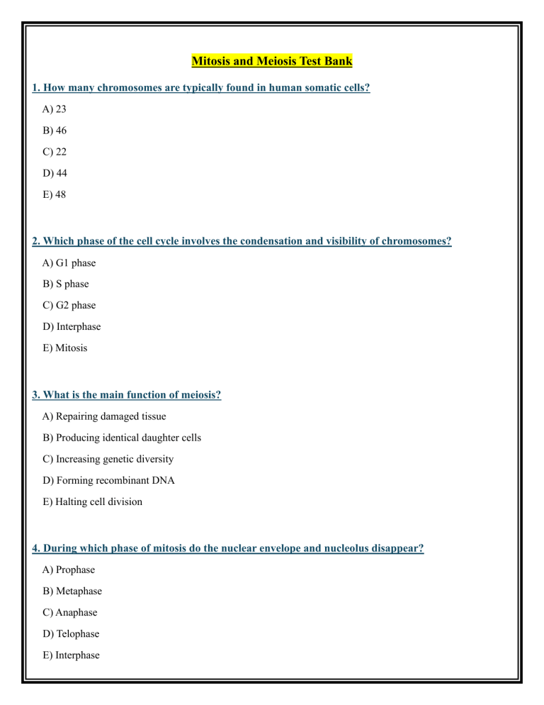 Mitosis and Meiosis Test Bank - High School Biology