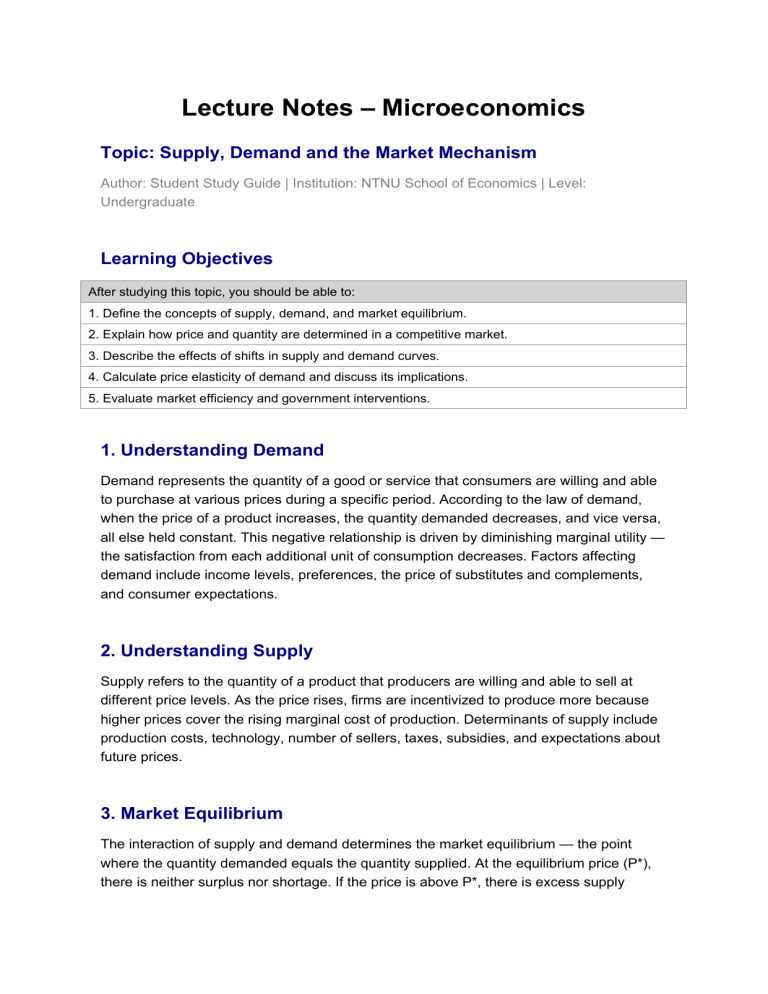 Supply, Demand & Market Mechanism: Microeconomics Lecture Notes