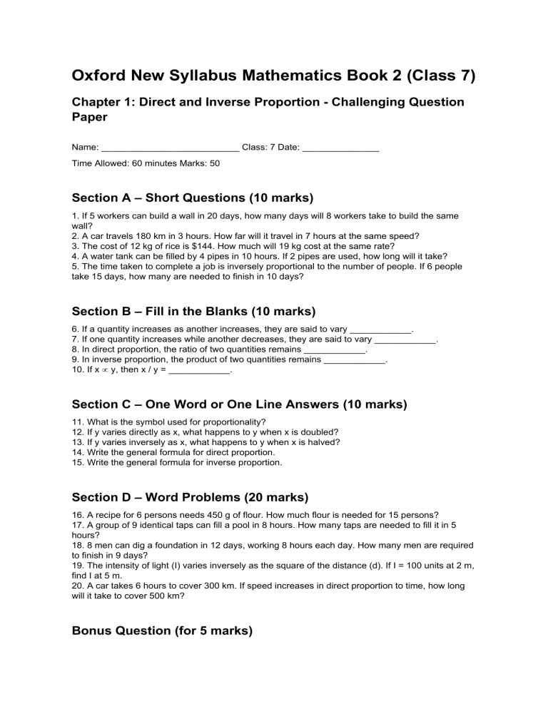 Direct and Inverse Proportion Worksheet