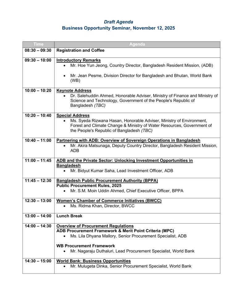 Business Opportunity Seminar Agenda 2025: ADB, World Bank, Bangladesh