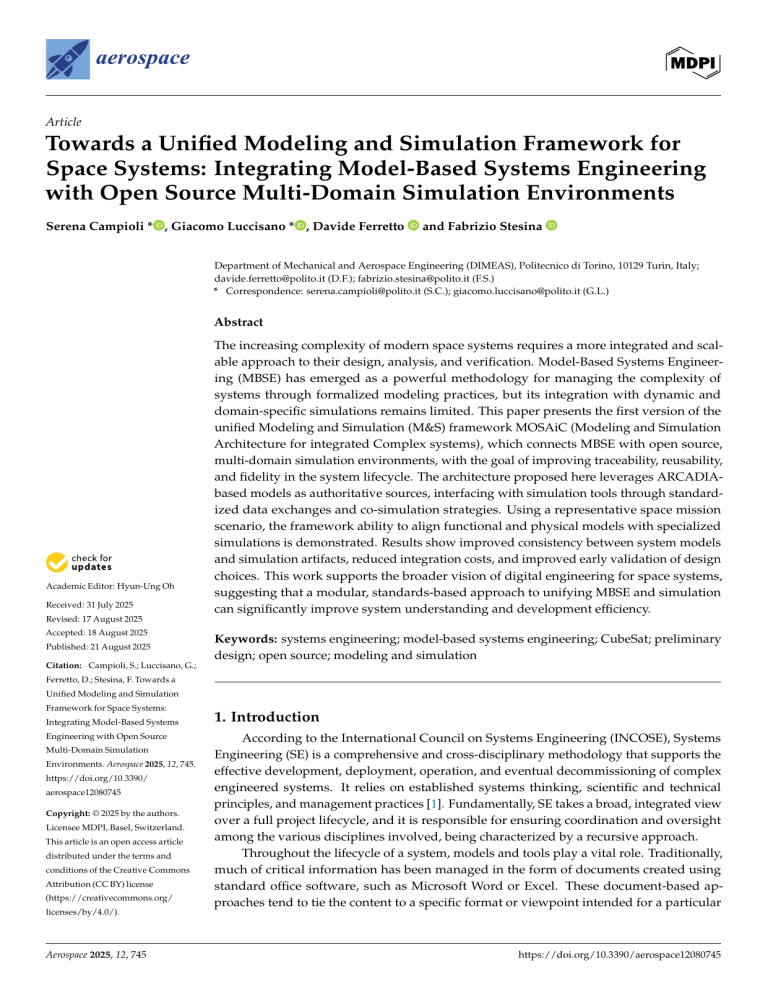 Unified Modeling & Simulation for Space Systems: MBSE Integration