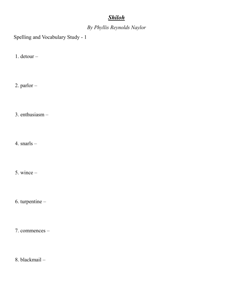 Shiloh Study Guide: Vocabulary, Spelling & Comprehension Questions