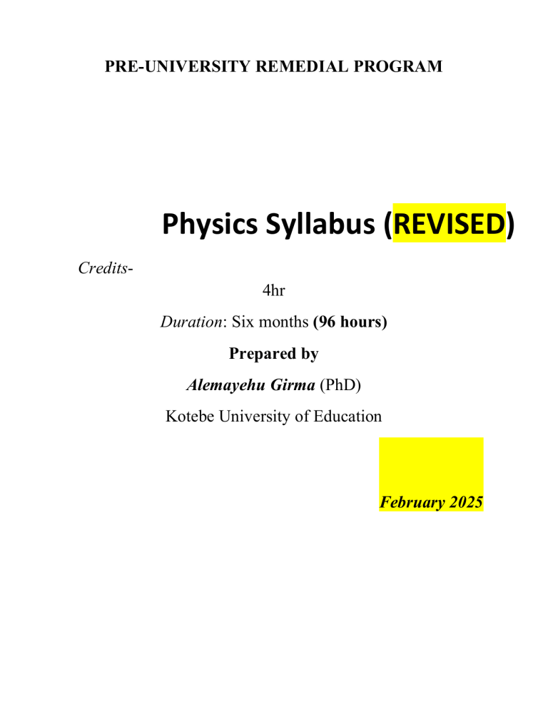 Pre-University Remedial Physics Syllabus - Kotebe University (Revised)