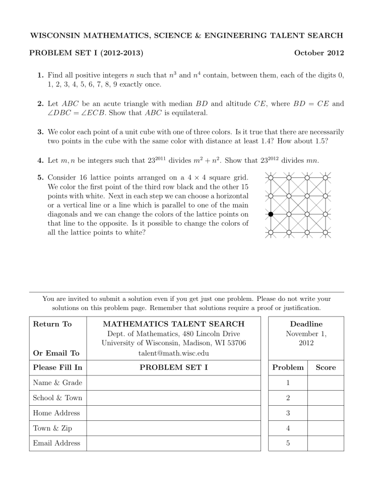 Wisconsin Math Talent Search Problem Set I (2012-2013) - October