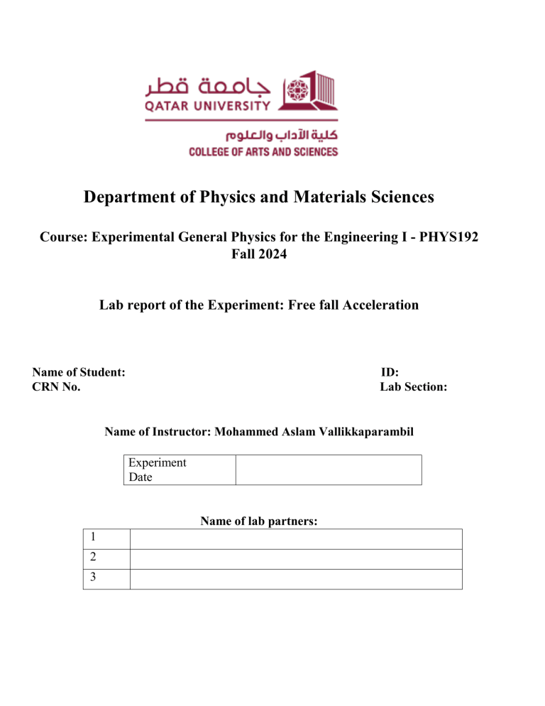 Free Fall Acceleration Lab Report