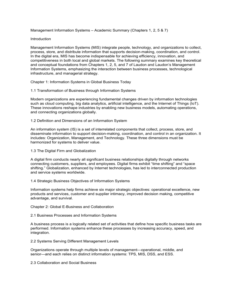 Management Information Systems Academic Summary: Chapters 1, 2, 5 & 7