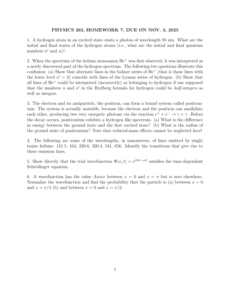 Physics 263 Homework 7: Atomic Structure & Quantum Mechanics Problems
