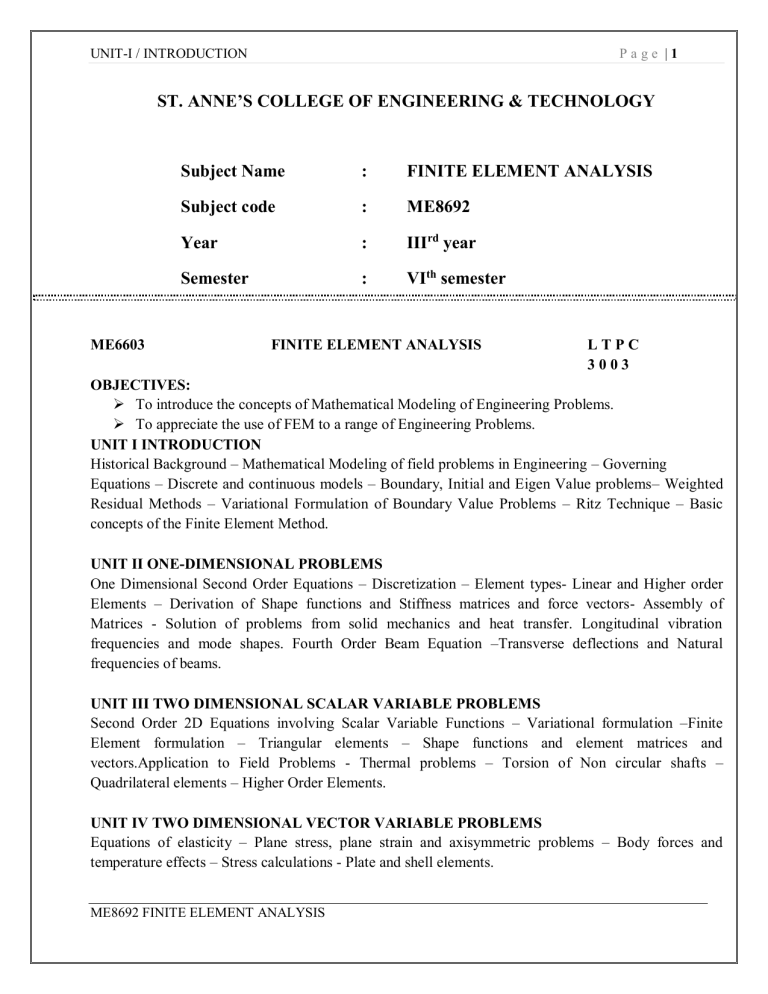 Finite Element Analysis (FEA) Course Material | ME8692 Introduction