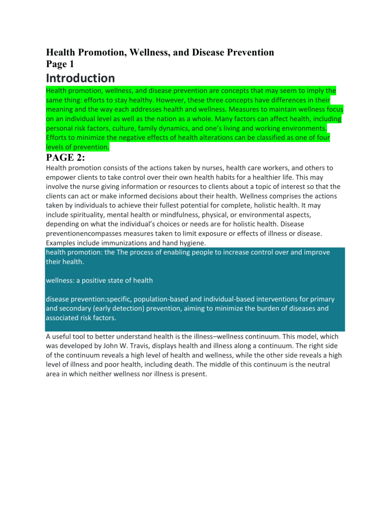 Health Promotion, Wellness, Disease Prevention Overview