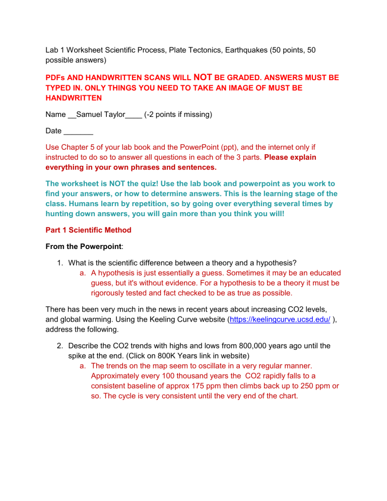 Earth Science Worksheet: Plate Tectonics & Earthquakes