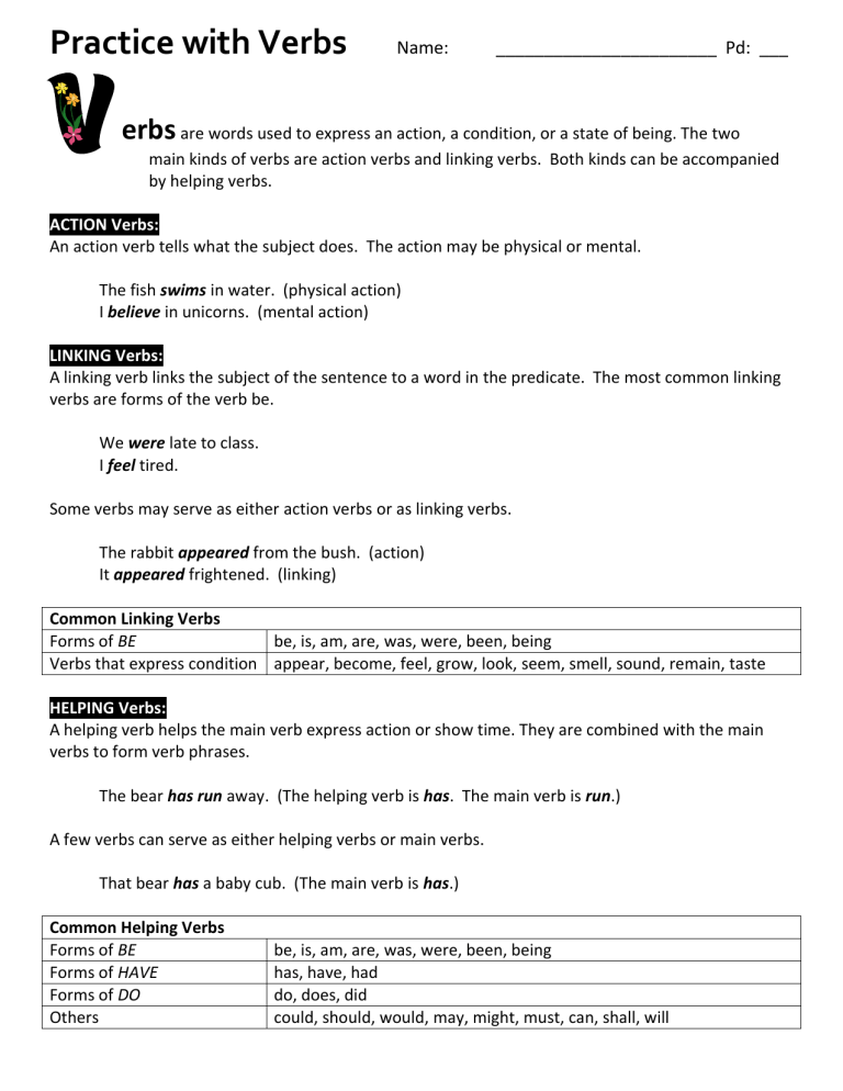 Verb Practice Worksheet: Action & Linking Verbs