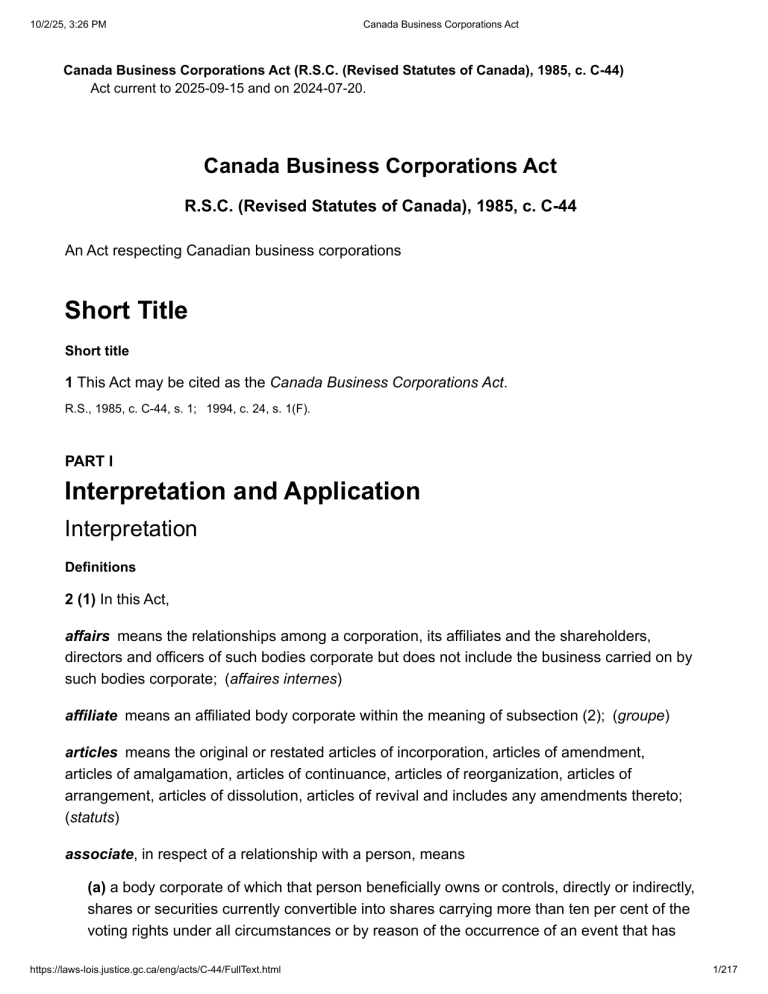 Canada Business Corporations Act (R.S.C. 1985, c. C-44) - Full Text