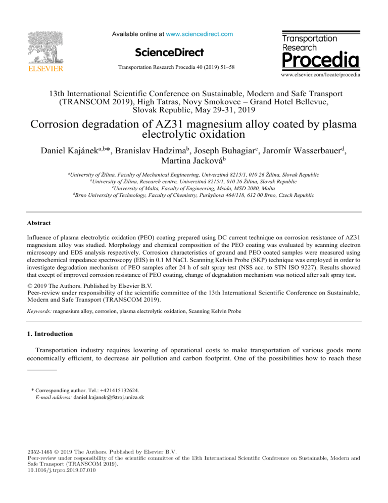 AZ31 Magnesium Alloy Corrosion Degradation by PEO