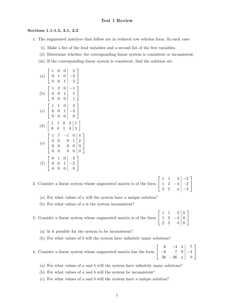 Linear Algebra Test 1 Review