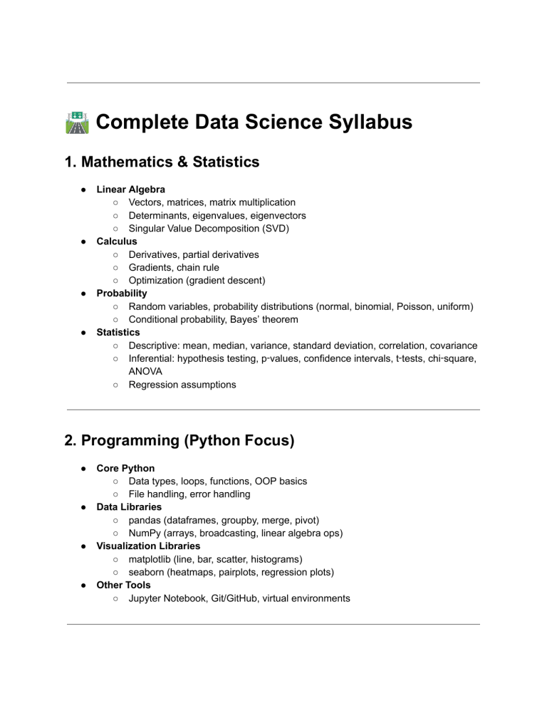 Complete Data Science Syllabus: Math, Programming, ML, DL, Big Data