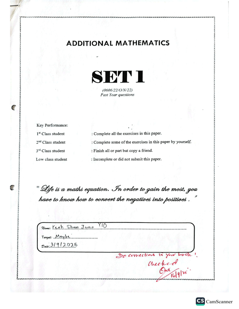 Additional Mathematics Set 1: Past Year Questions (0606/22/O/N/22)