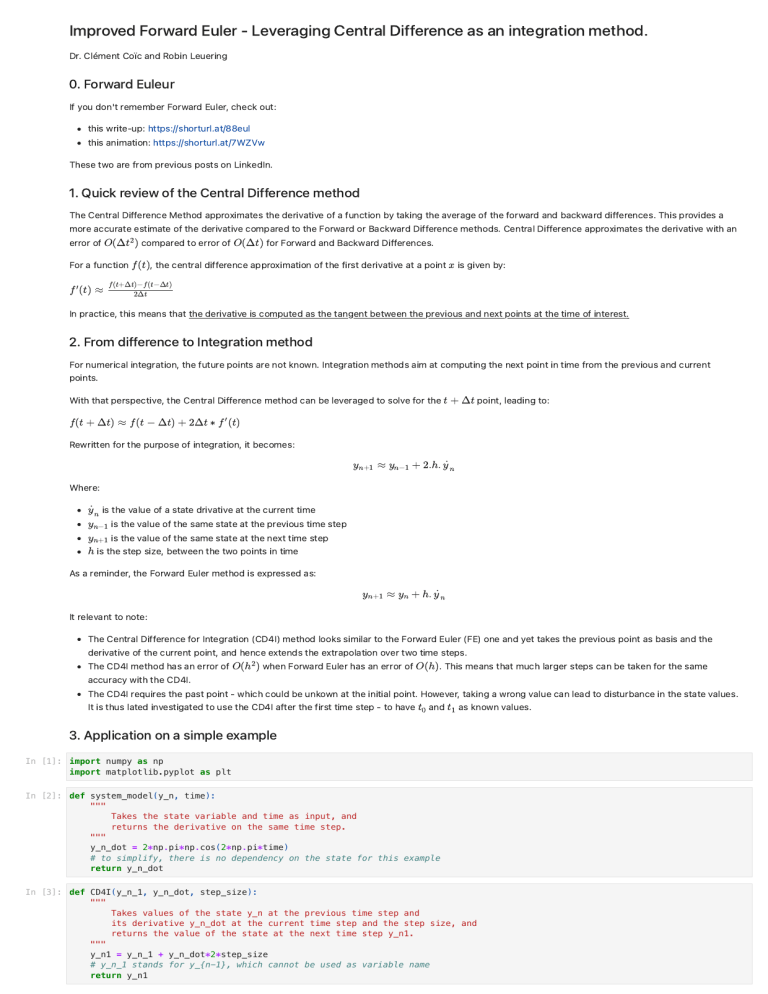 Improved Forward Euler with Central Difference Integration