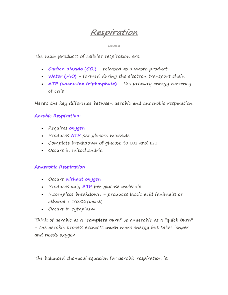 Respiration: Aerobic vs. Anaerobic - Study Notes