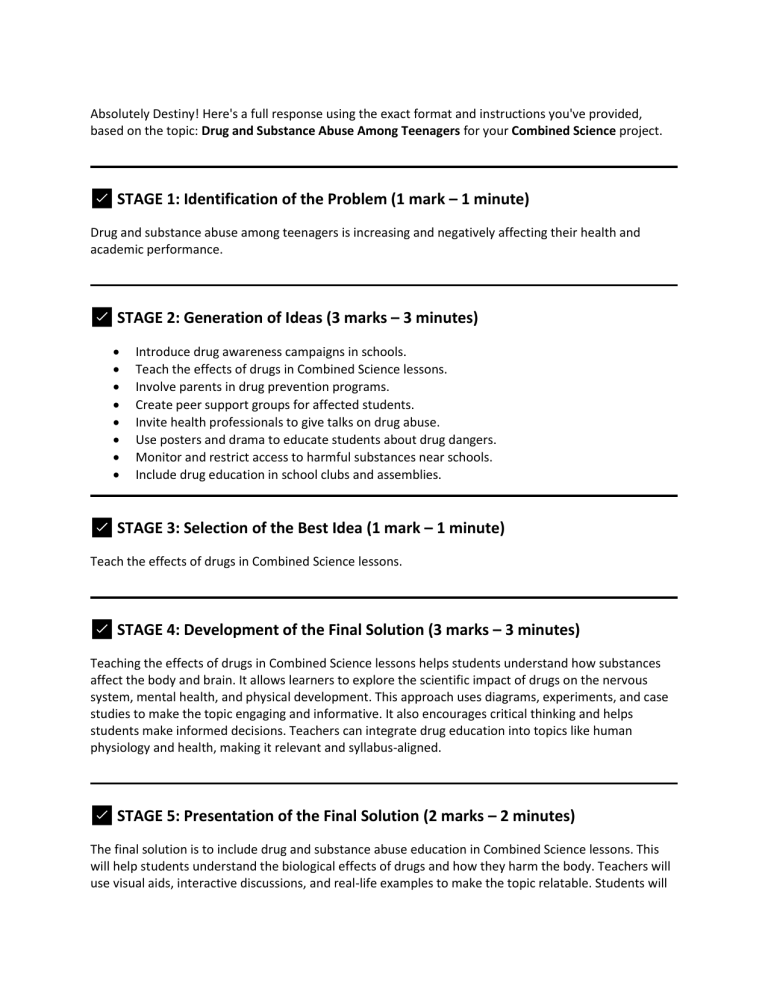 Drug Abuse Project: Combined Science for Teenagers