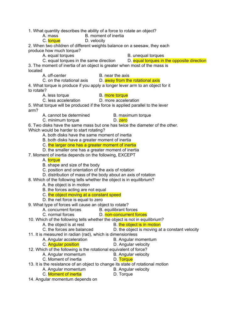 Physics Multiple Choice Questions: Rotational Motion & Gravitation