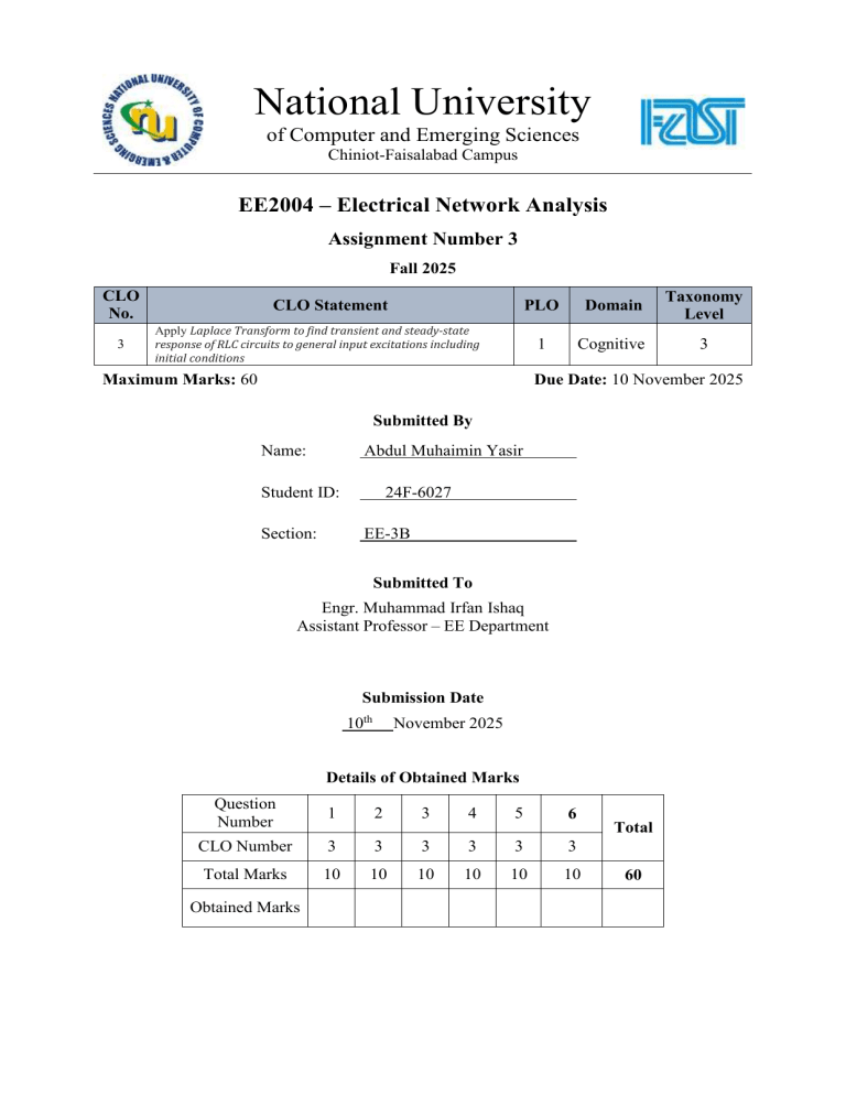 Electrical Network Analysis Assignment: Laplace Transforms & RLC Circuits