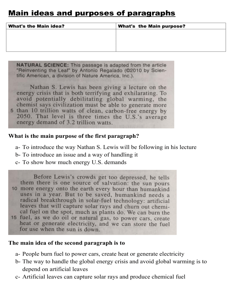Main Idea & Purpose Worksheet: Clean Energy