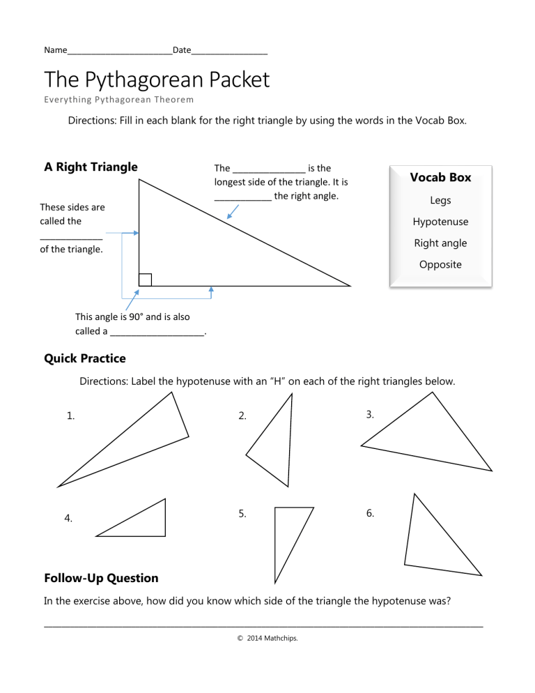 Pythagorean Theorem Packet: Definitions, Practice, and Word Problems