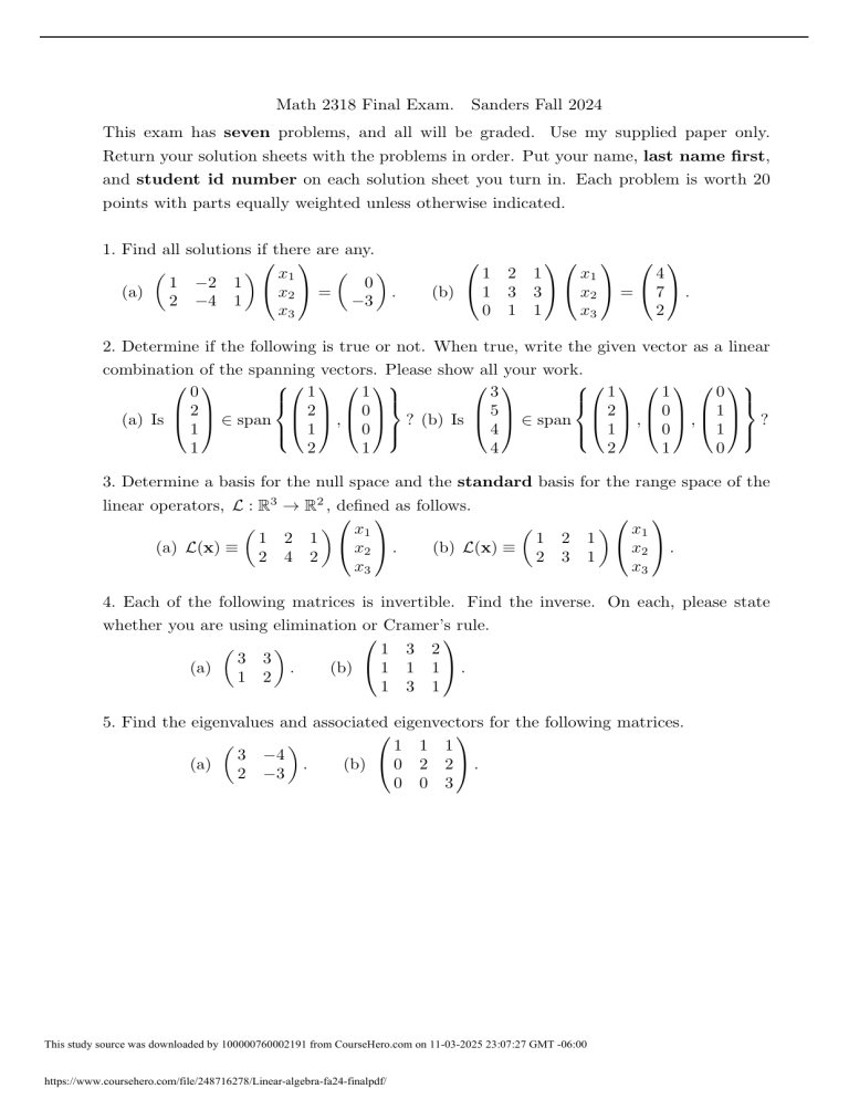 Linear Algebra Final Exam - Fall 2024