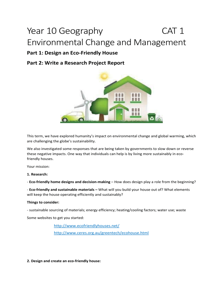 Year 10 Geography: Eco-Friendly House Design & Research Project