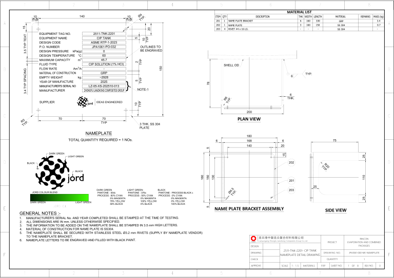 Nameplate Detail Drawing - Engineering Specification