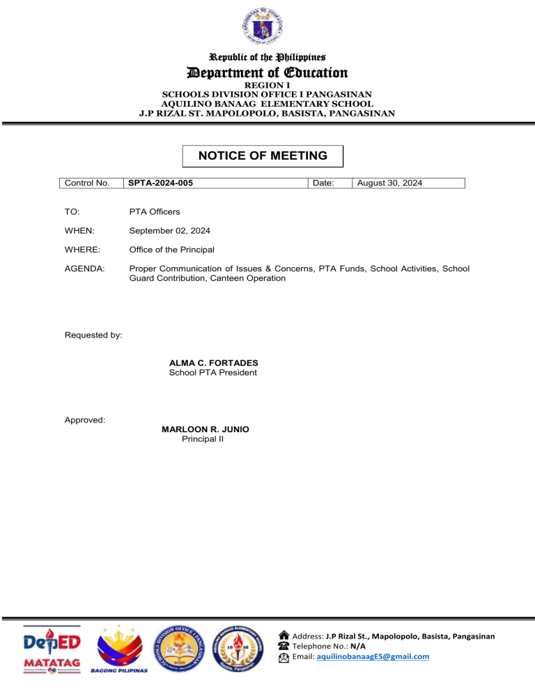 PTA Meeting Notice - Aquilino Banaag Elementary School