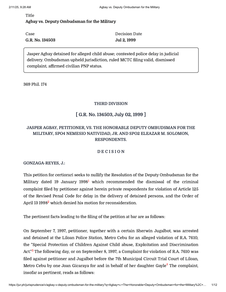 Agbay vs. Deputy Ombudsman: Case Summary & Analysis