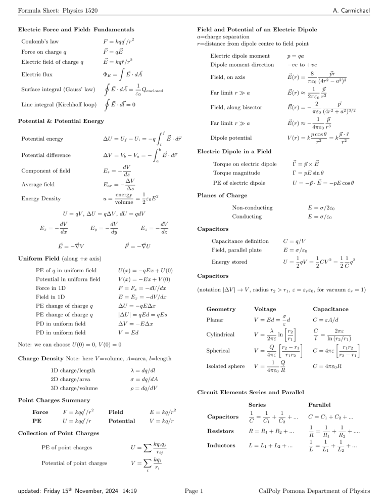 Physics 1520 Formula Sheet - Electromagnetism & Mechanics