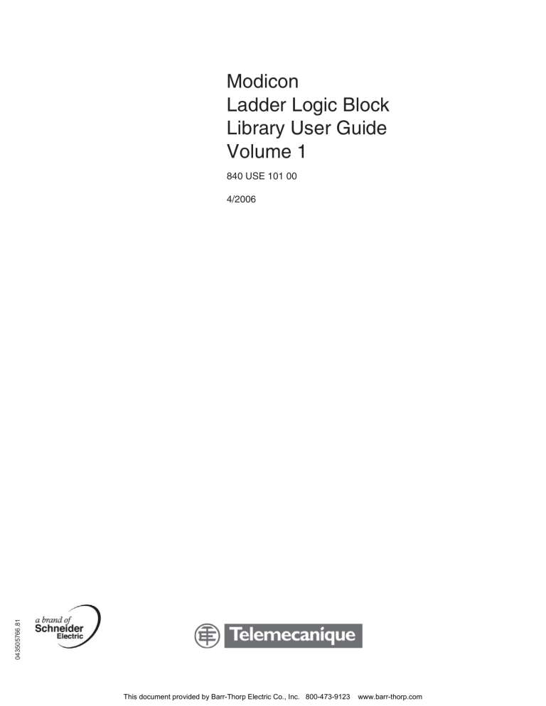 Modicon Ladder Logic Block Library User Guide Volume 1