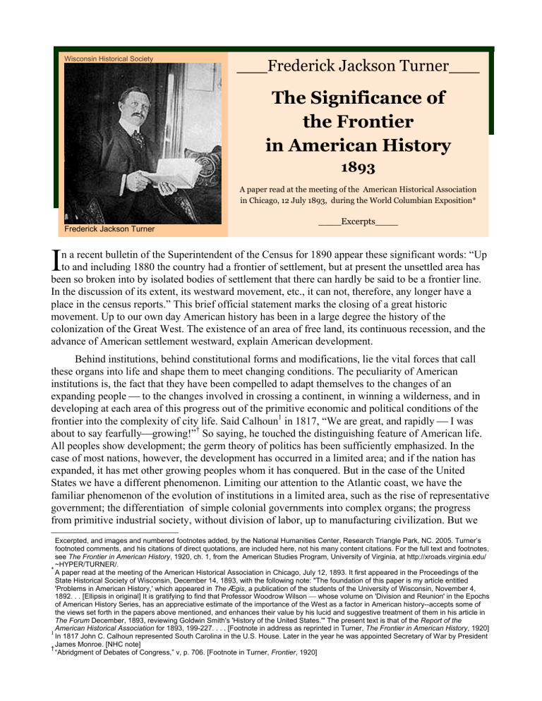 Turner's Frontier Thesis: 1893 Excerpts on American History
