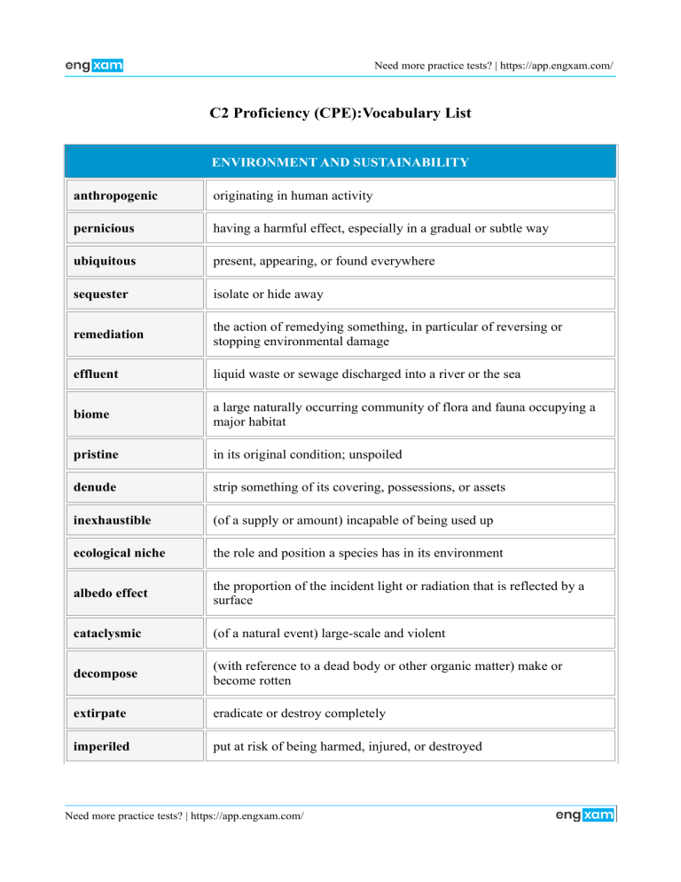 C2 Proficiency (CPE) Vocabulary List