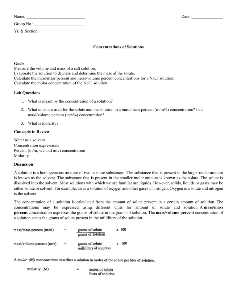 NaCl Solution Concentration Lab: Mass/Mass, Mass/Volume, Molarity
