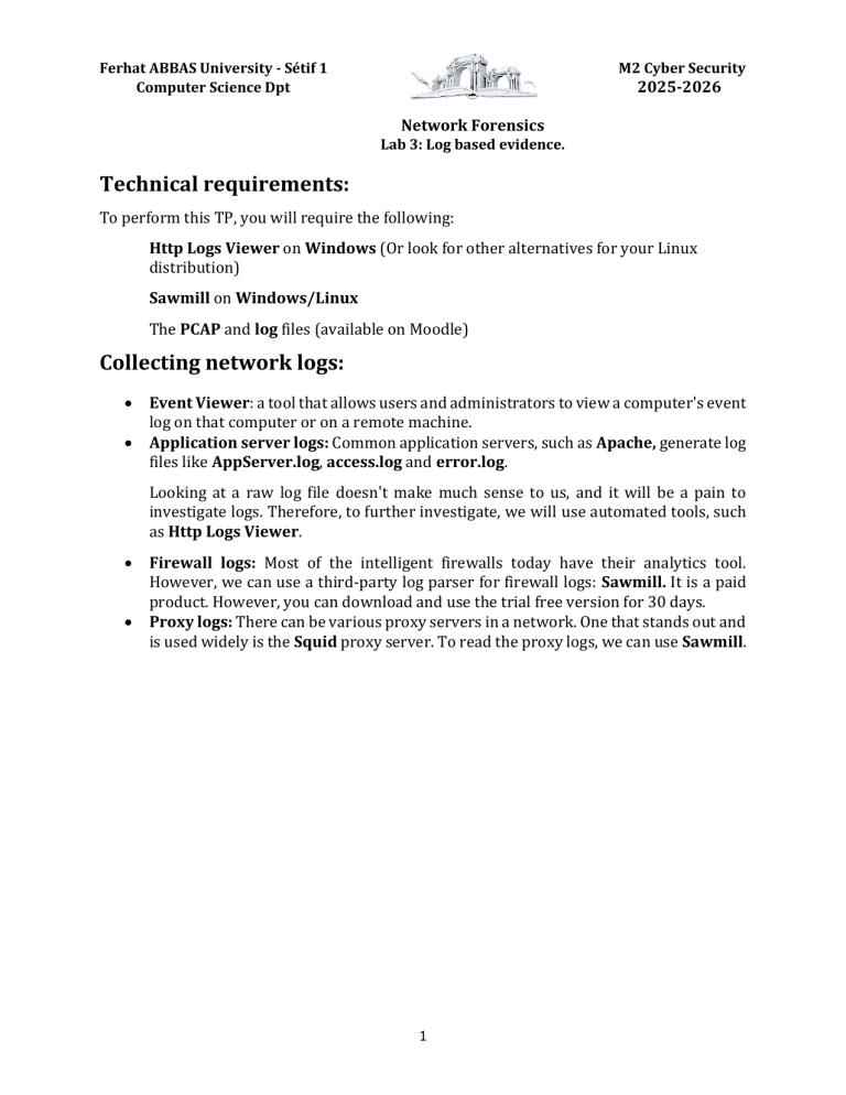 Network Forensics Lab: Log Based Evidence for Cyber Security (M2)