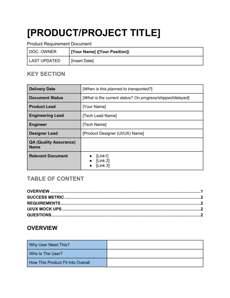 Product Requirement Document Template