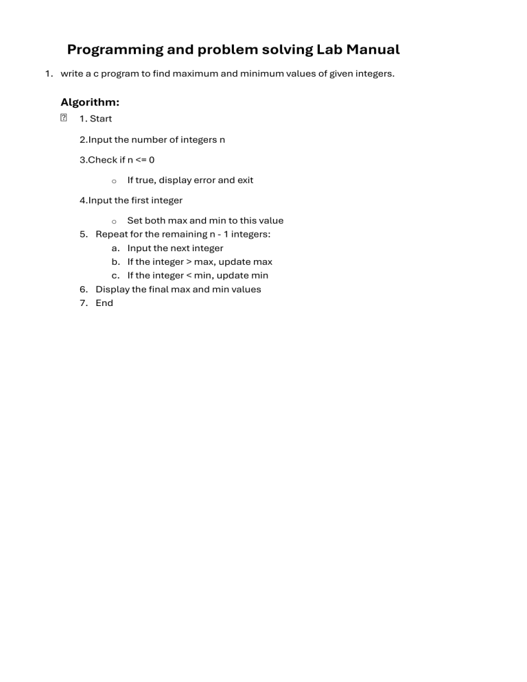 C Programming Lab Manual: Algorithms, Flowcharts & Problem Solving