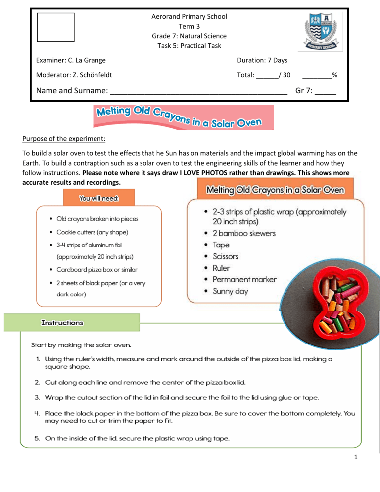 Grade 7 Natural Science: Solar Oven Practical Task