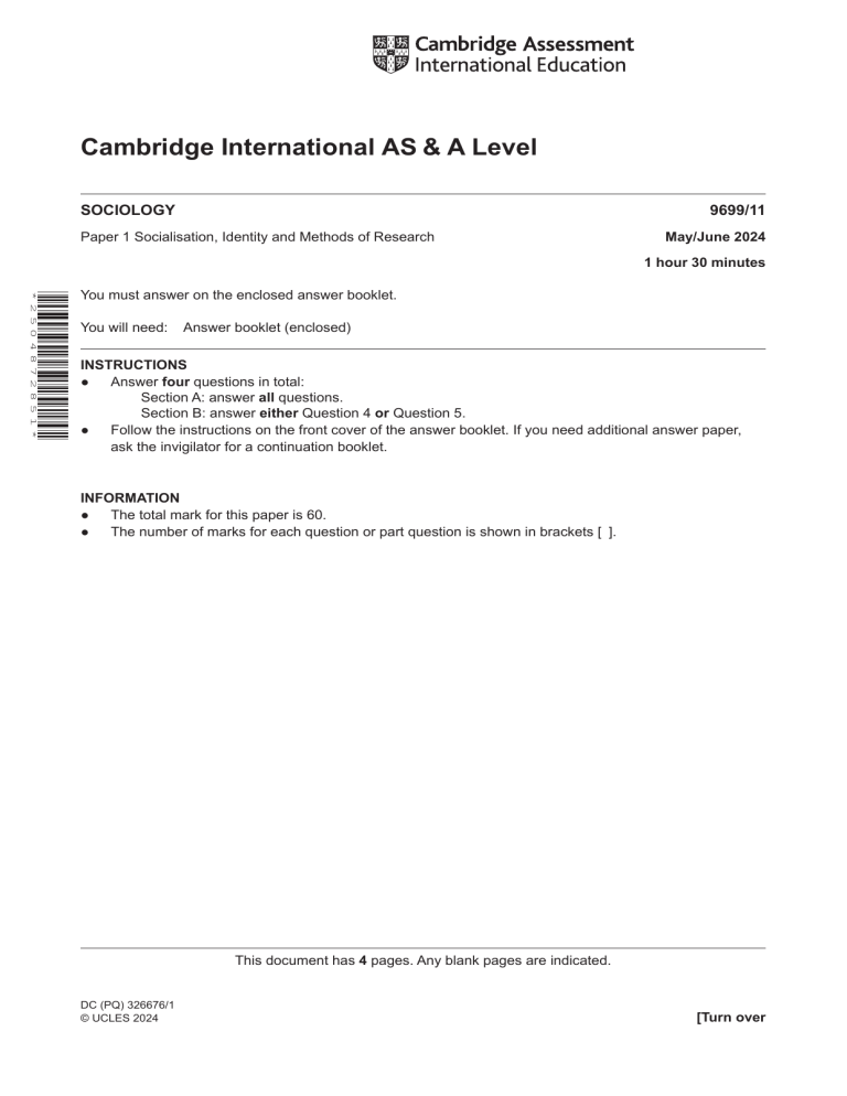 Cambridge AS & A Level Sociology 9699/11 M/J/24 Paper