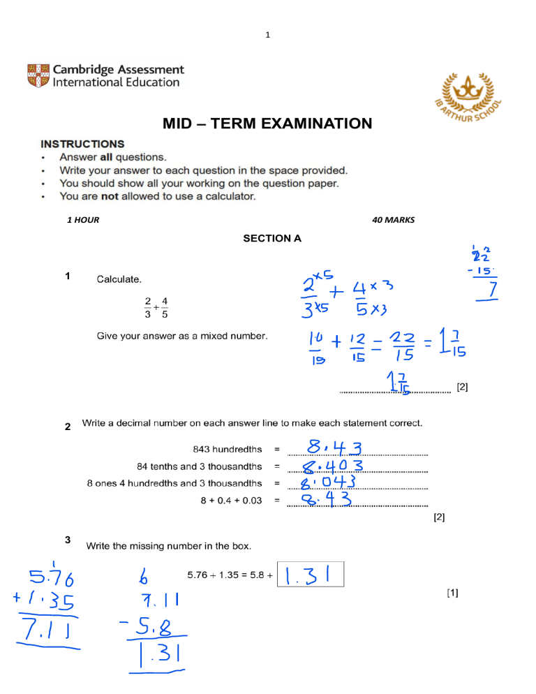 Middle School Math Mid-Term Examination Paper - Cambridge Assessment